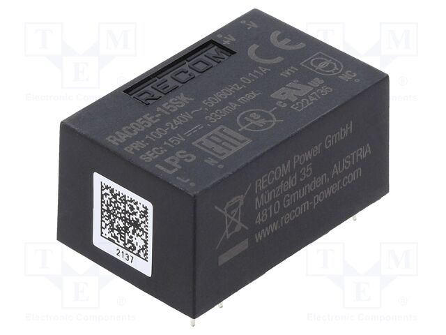 RAC05E-15SK RECOM - Converter: AC/DC | 5W; Uin: 90÷264VAC,130÷370VDC ... RAC05E-15SK RECOM - Converter: AC/DC | 5W; Uin: 90÷264VAC,130÷370VDC ...